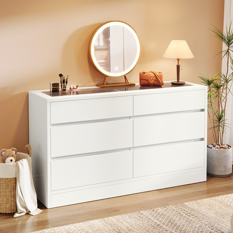 Wrought Studio™ White 6 Drawer Dresser For Bedroom, Wide Chest Of ...
