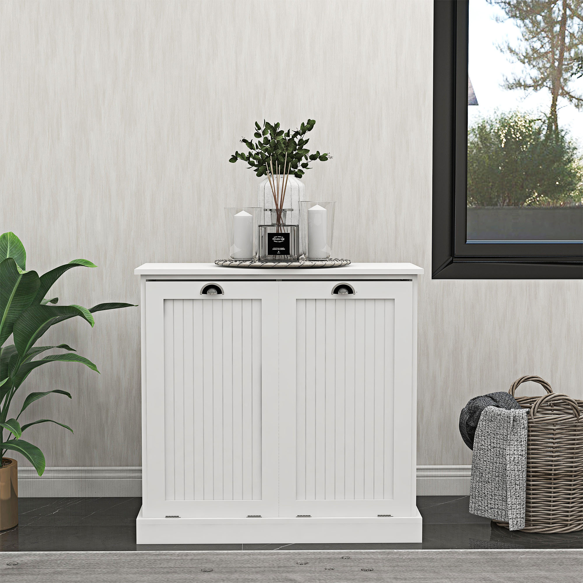 Gracie Oaks Svafa Wood Cabinet Laundry Hamper Two-Compartment Tilt-Out ...