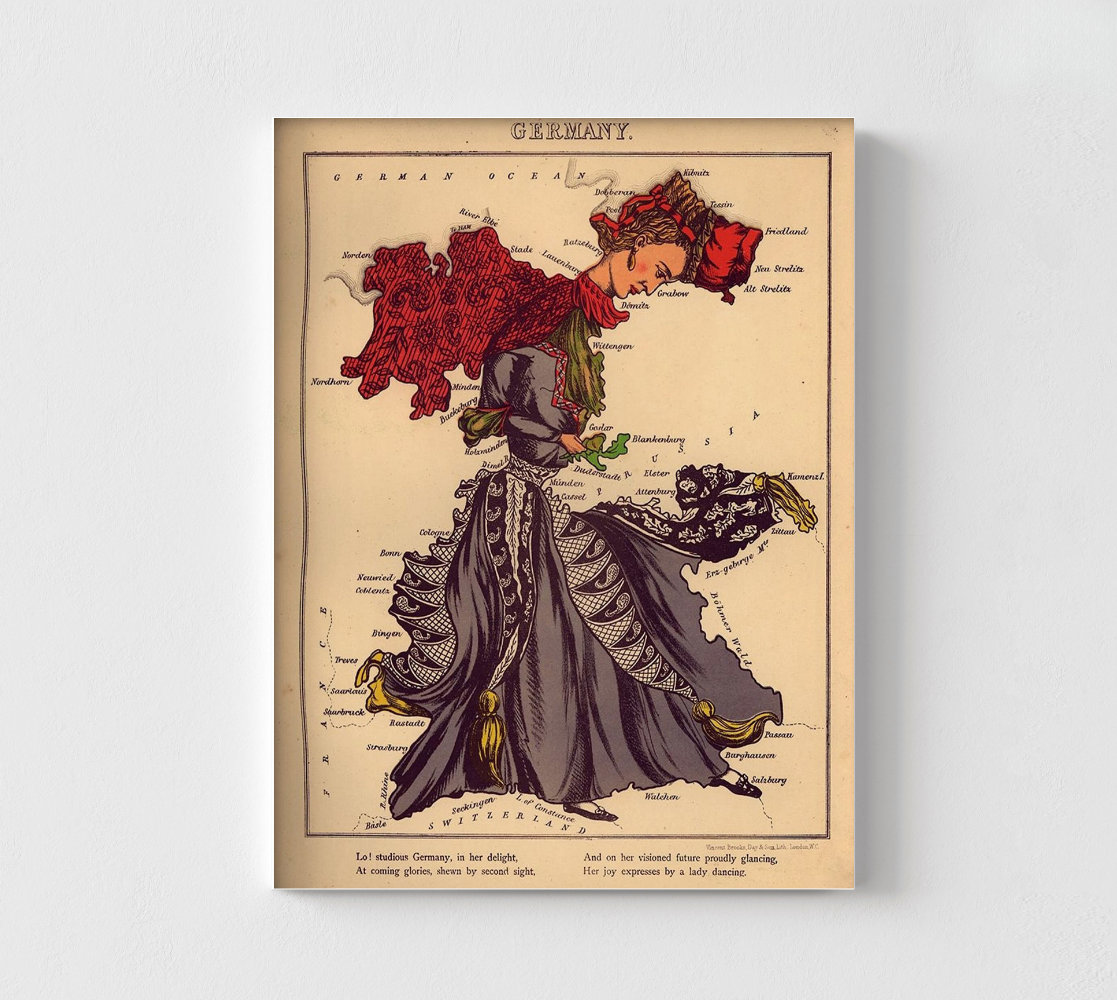 WeFrameArt Anthropomorphic Map Of Germany, Funny German Poster, Map Of ...
