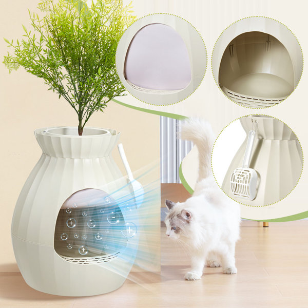 EROMMY Cat Litter Box Enclosure with Artificial Plants, Hidden Litter ...