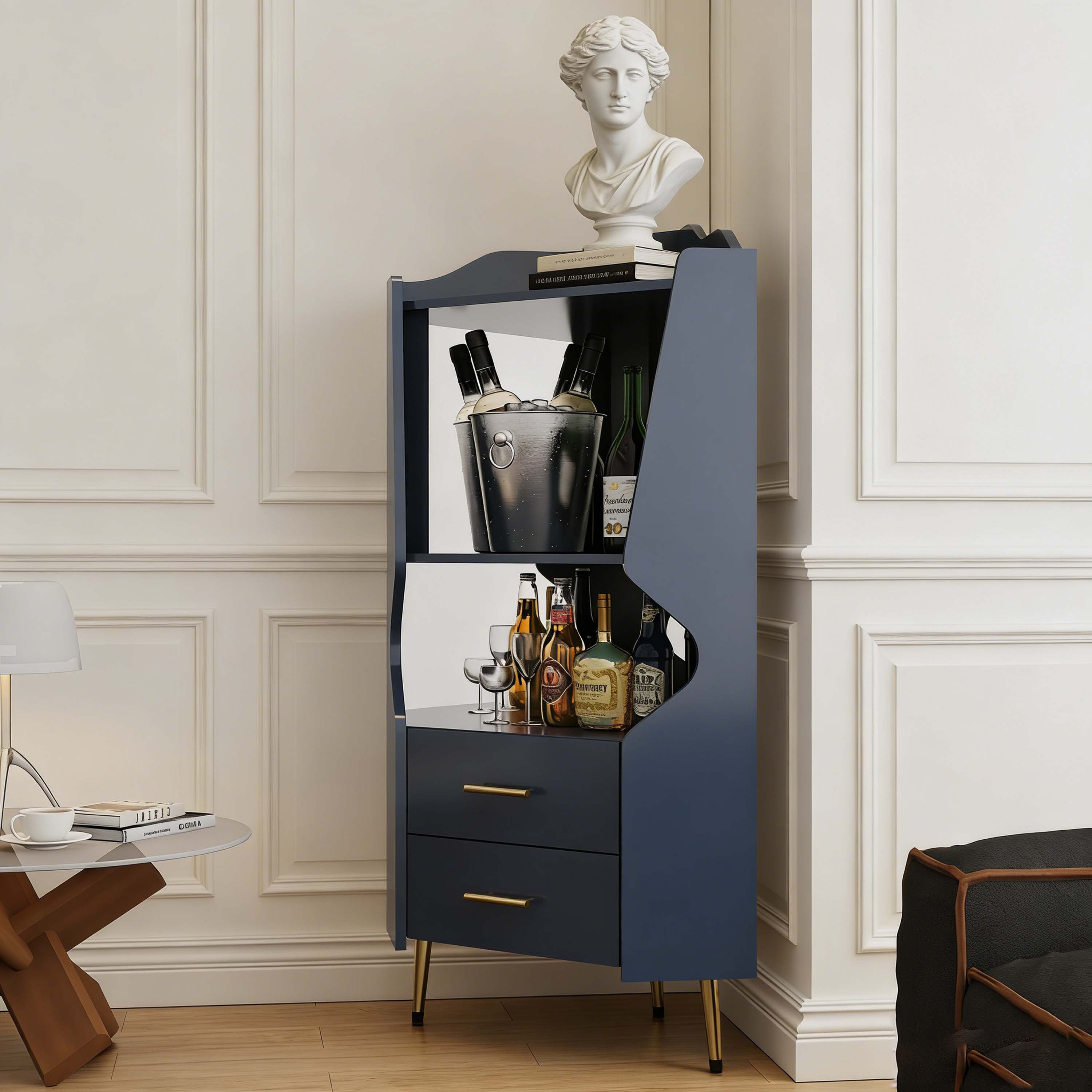 Latitude Run® Wooden Corner Bar Cabinet with 2 Open Shelves, 2 Drawers ...