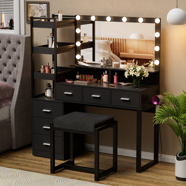 Millwood Pines Ipava Vanity Set With Lighted Mirror, Makeup Vanity ...