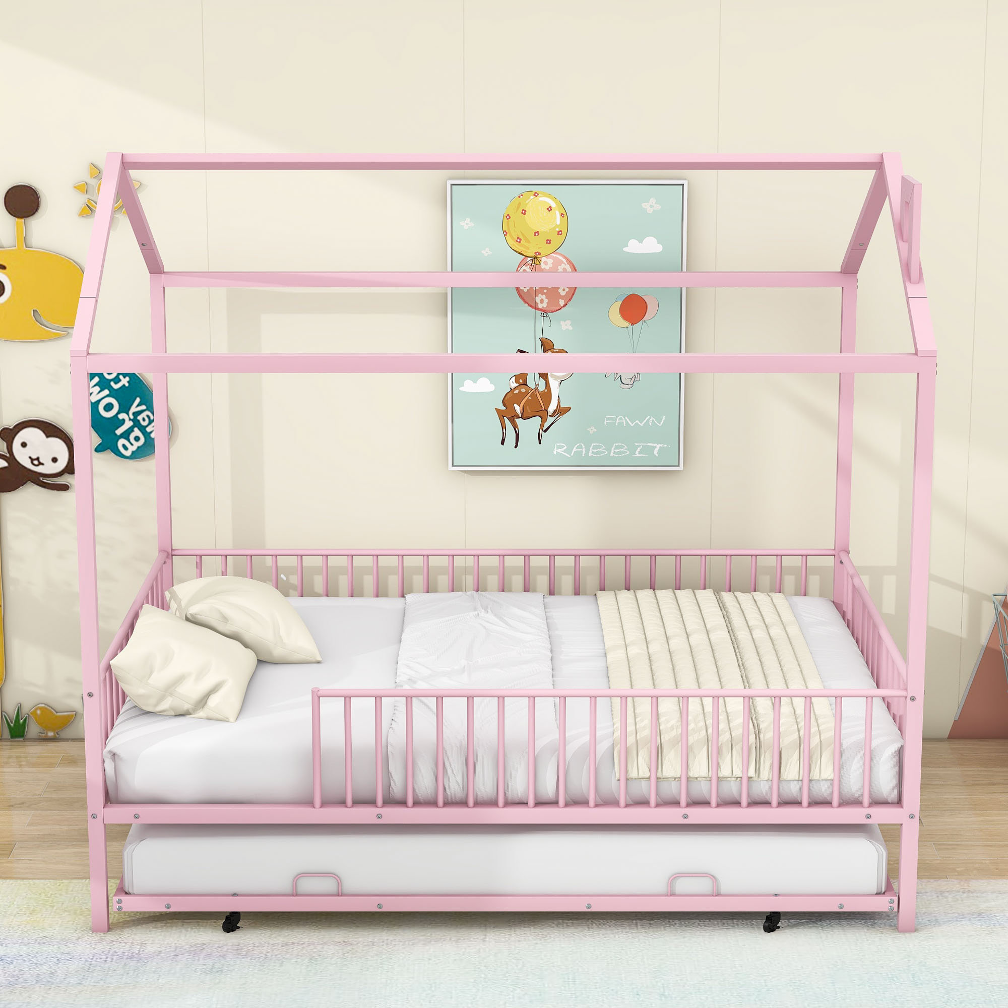 Harper Orchard Amerra Metal House Bed with Trundle and Semi-Enclosed ...