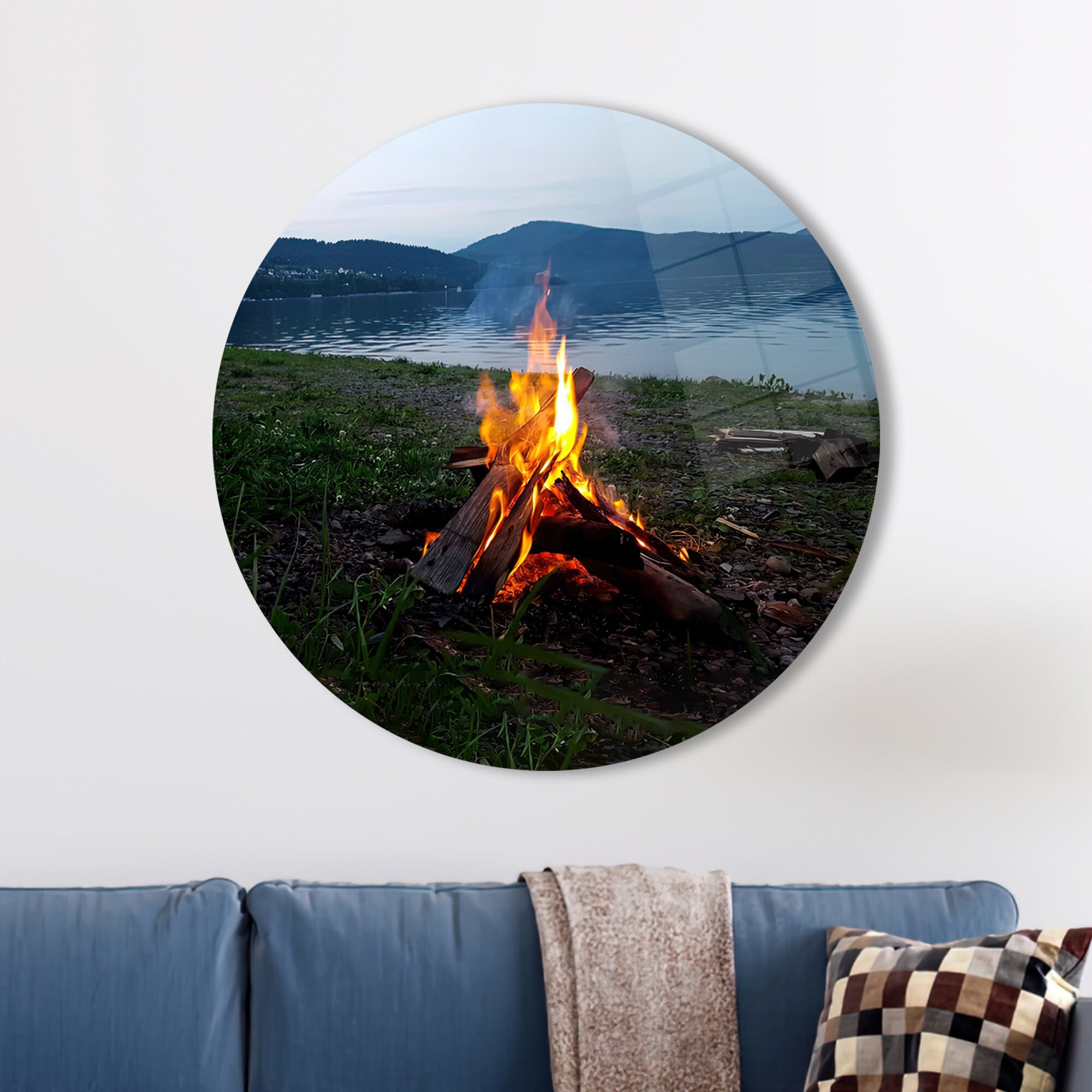Loon Peak® Summer Campfire At Lake Sunset Illustrated Glass Wall Decor ...