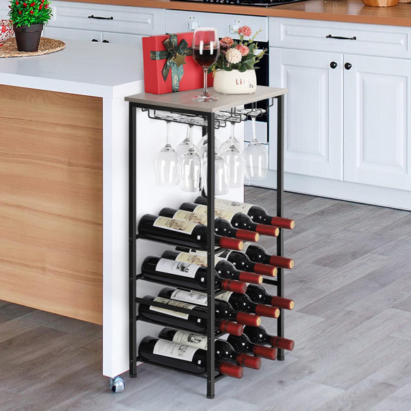 17 Stories Freestanding Floor 16 Bottles Wine Rack With 9 Wine Glass ...