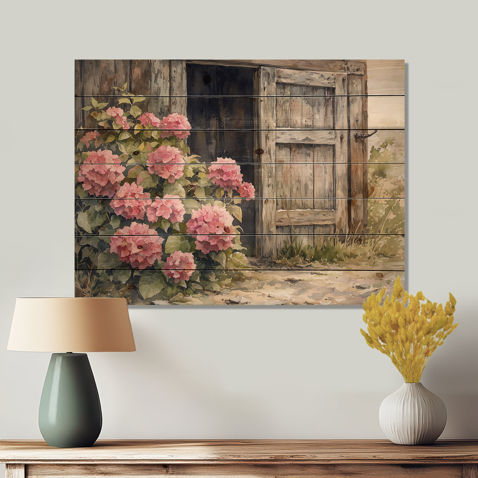 August Grove® Hydrangeas By The Farmhouse Gate I - Hydrangea Wood Wall ...