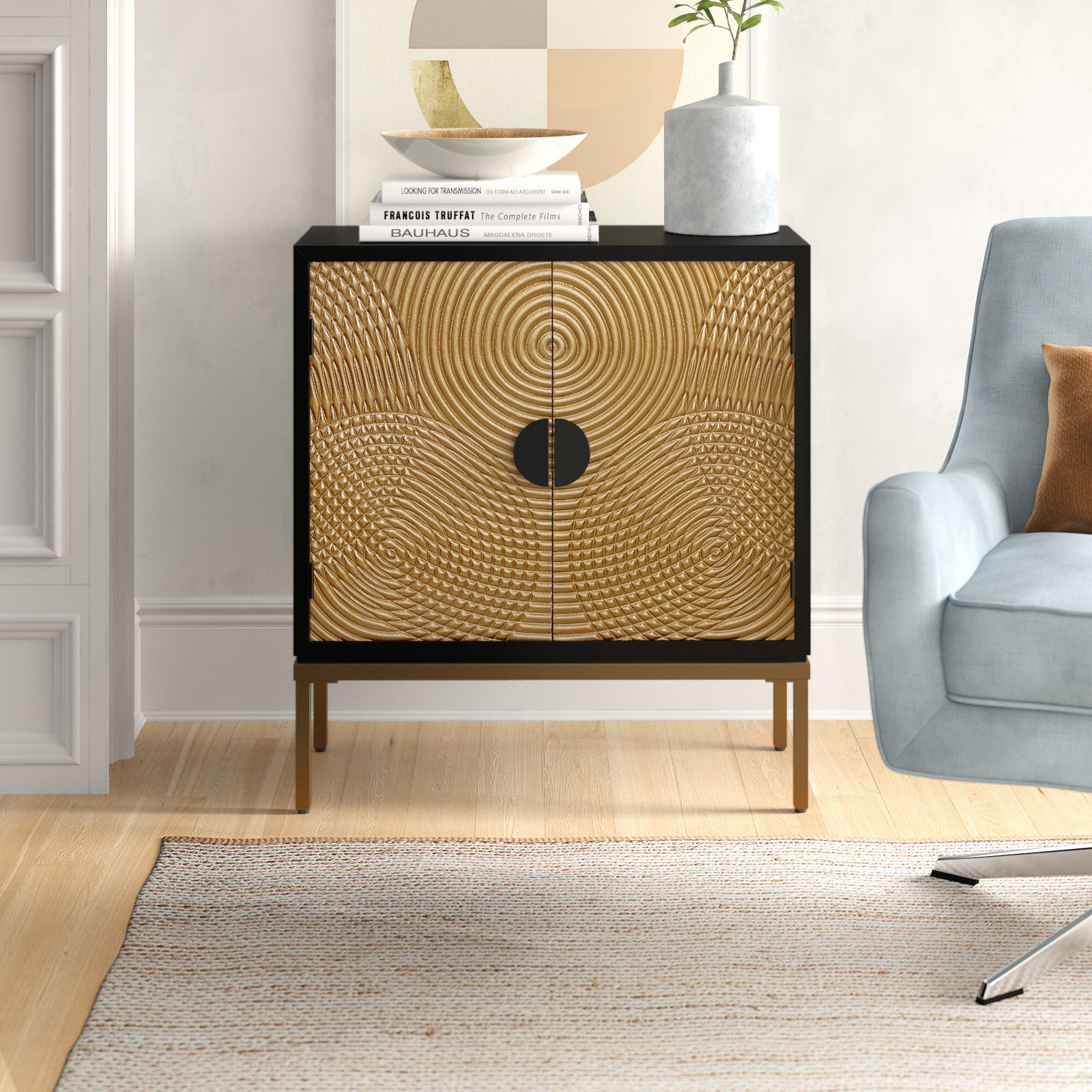 Mercury Row® Wood Relief Ripple Design 1 Shelf and 2 Door Room Cabinet ...