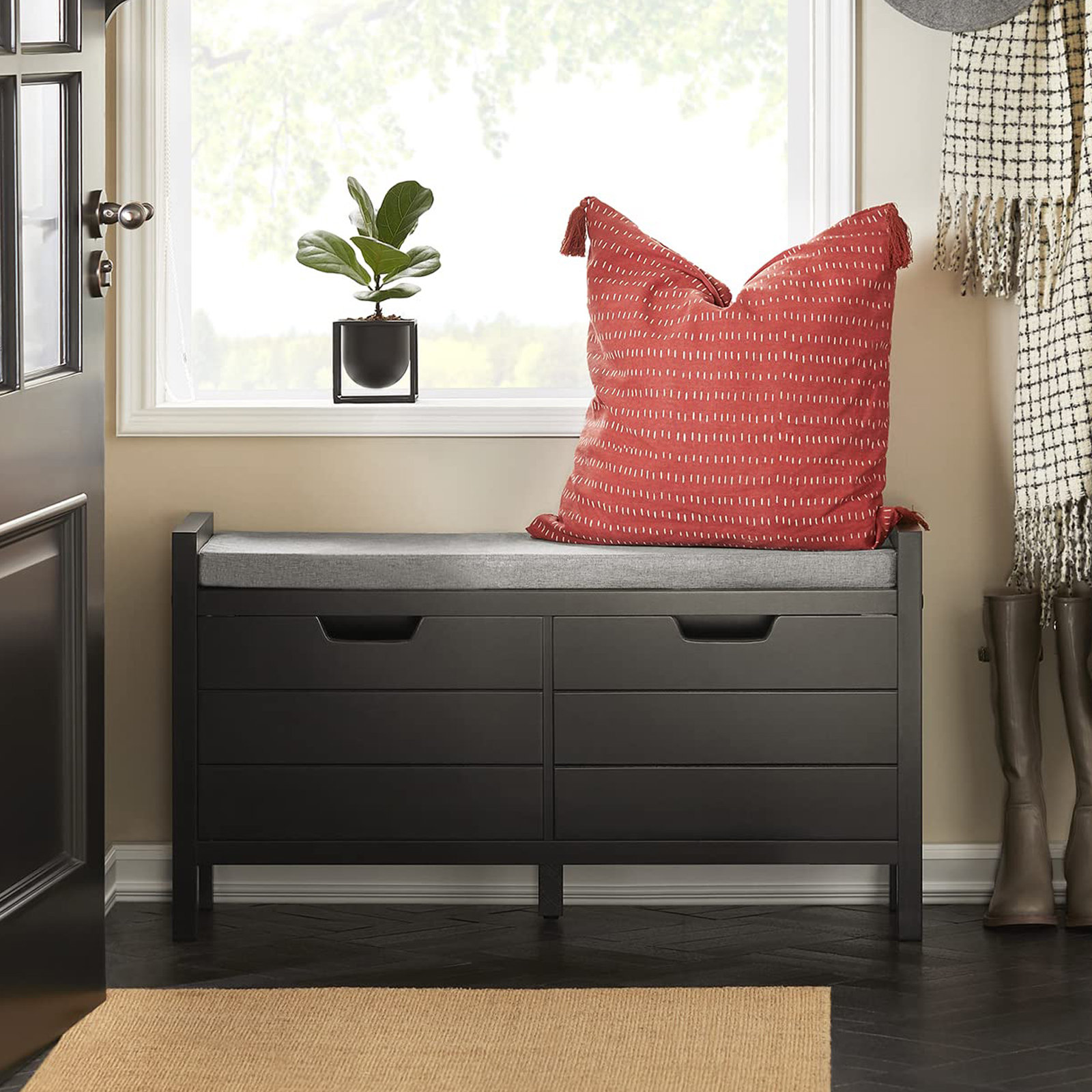 Latitude Run® Black Shoe Bench Shoe Rack Shoe Cabinet with Seat Cushion ...