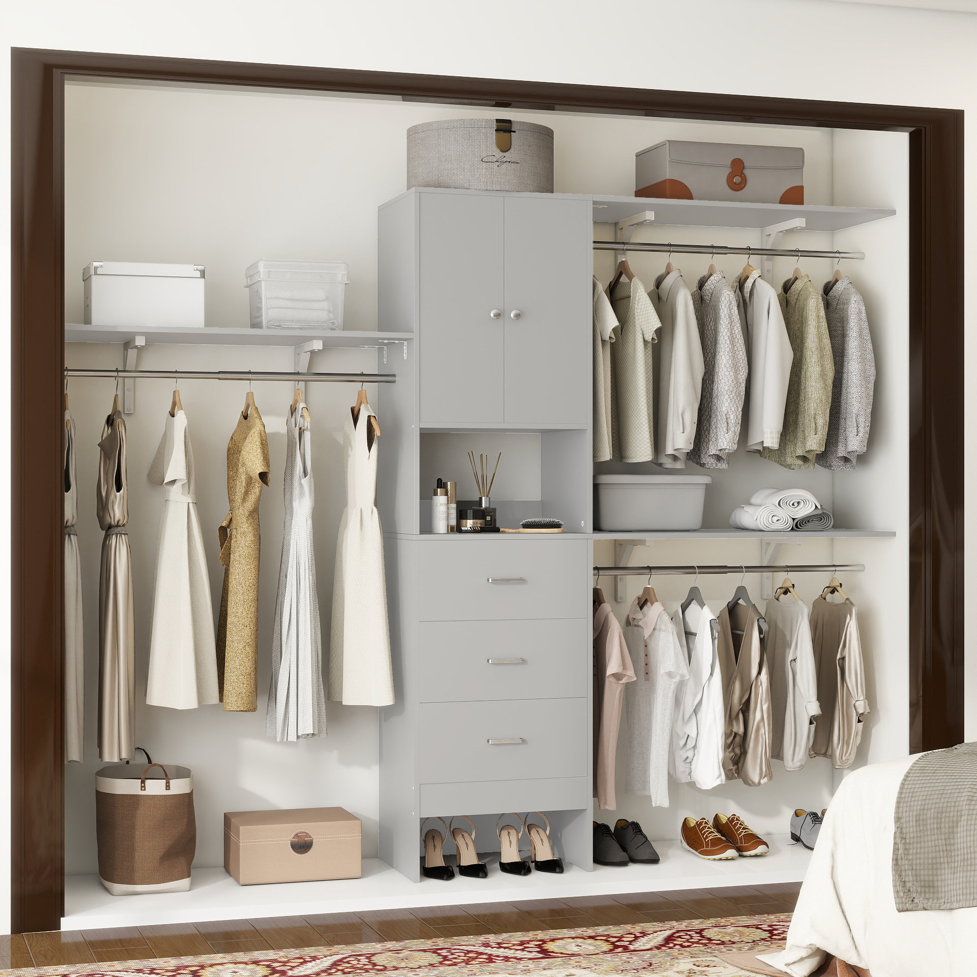 Latitude Run® 96" Wooden Closet System With Doors And Drawers ...