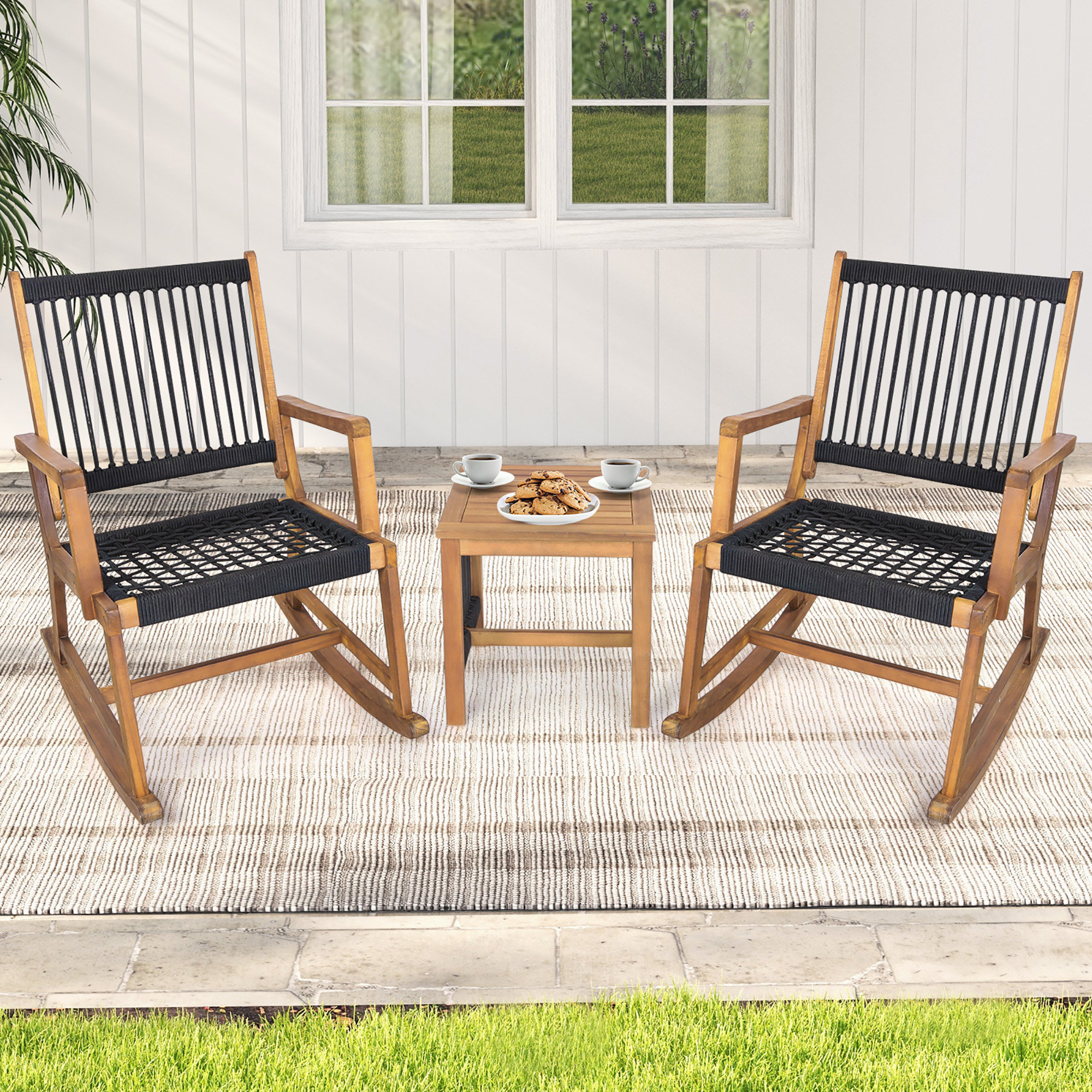 Winston Porter 3 Piece Acacia Wood Rocking Chair Set W/ Coffee Table ...