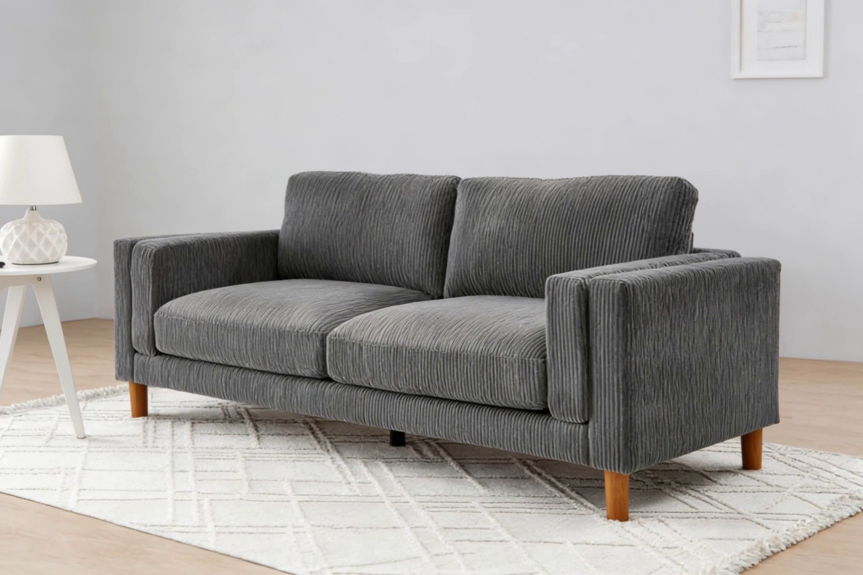 Ebern Designs Corduroy Upholstered Square Arm Sofa With Wooden Legs ...