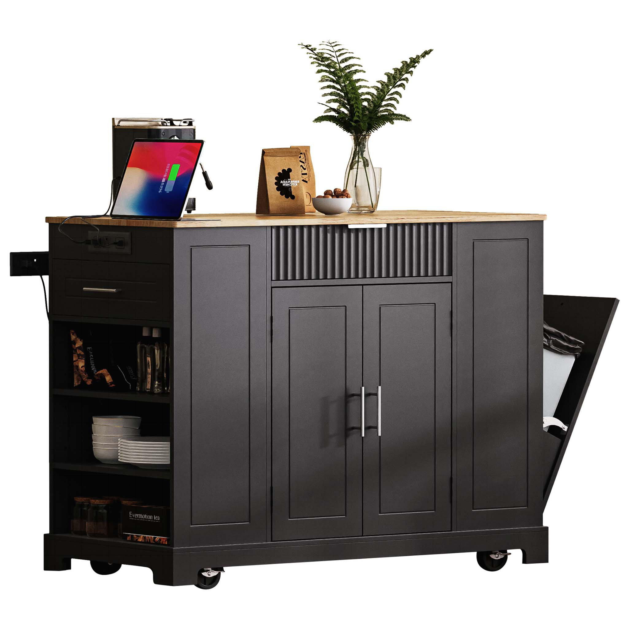 Lark Manor™ Fluted Kitchen Island with Trash Can Storage Cabinet, Power ...