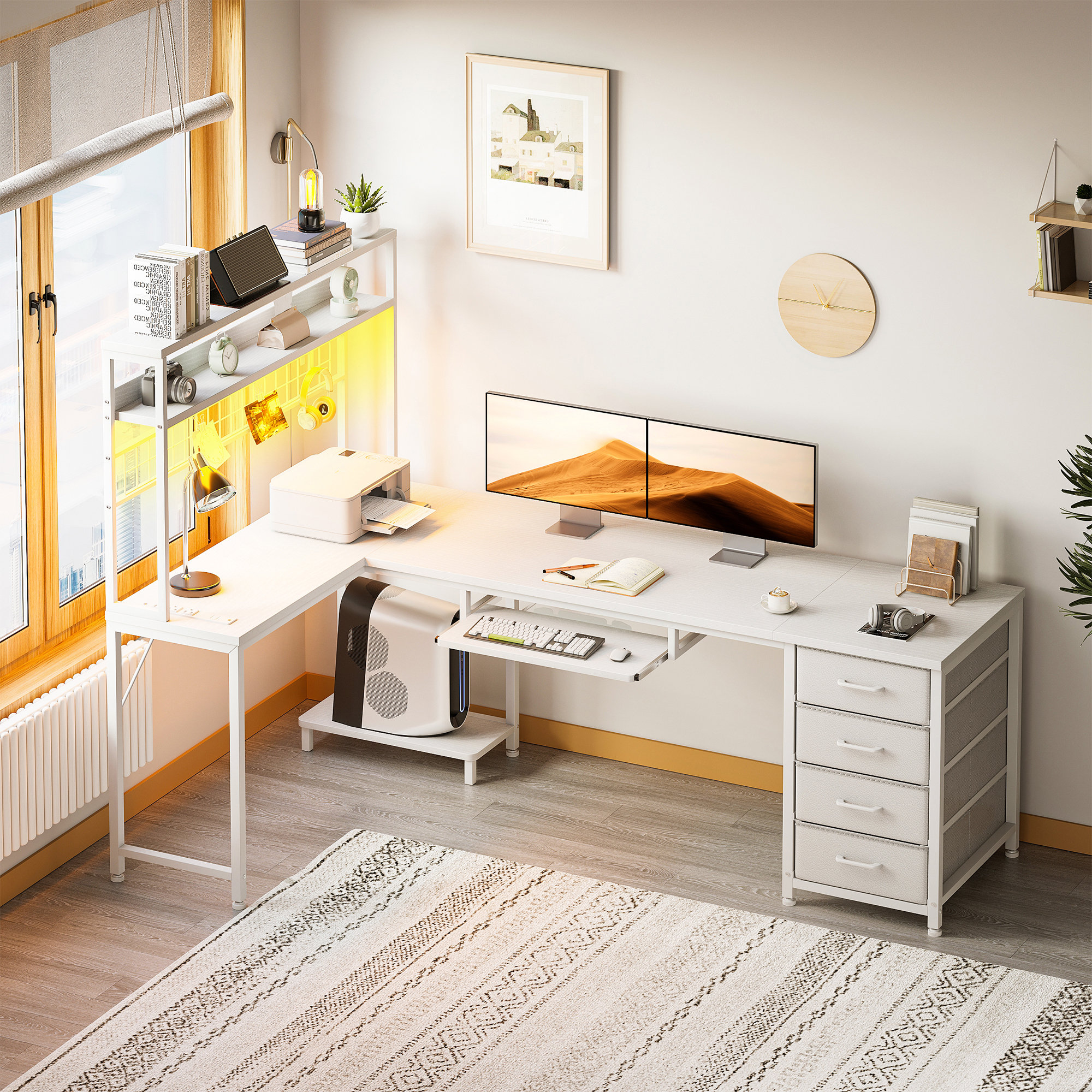 Inbox Zero Reversible L-shaped Desk With Desktop Display Shelves, Built ...