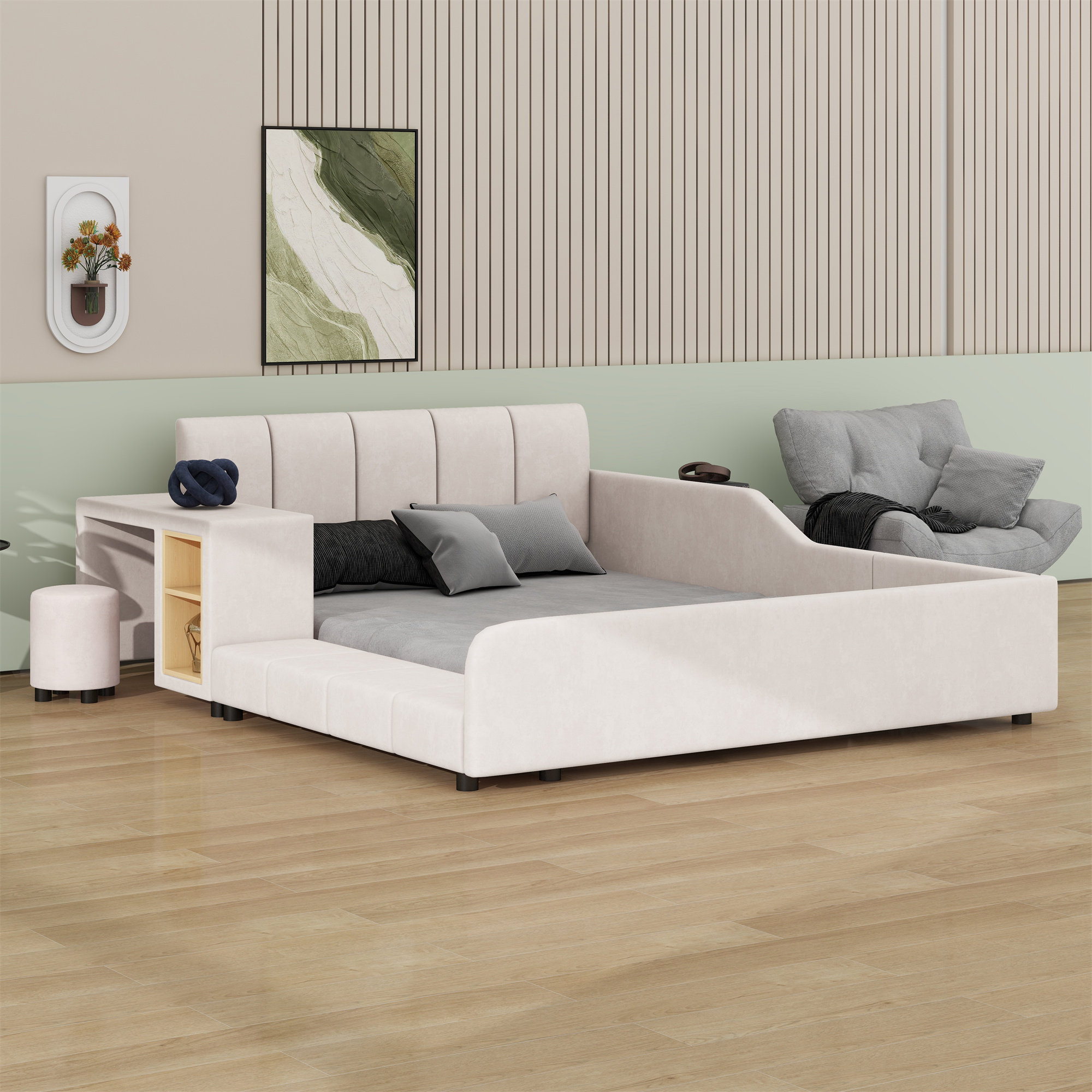 Latitude Run® Upholstered Grounded Bed, Child Bed With Bedside Desk And ...