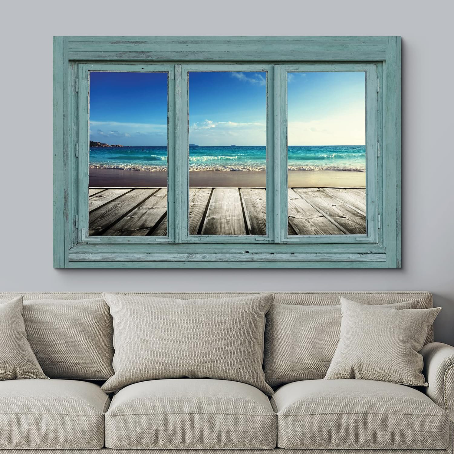 IDEA4WALL Window Scene "Window View Boardwalk And Ocean Beach Shoreline ...