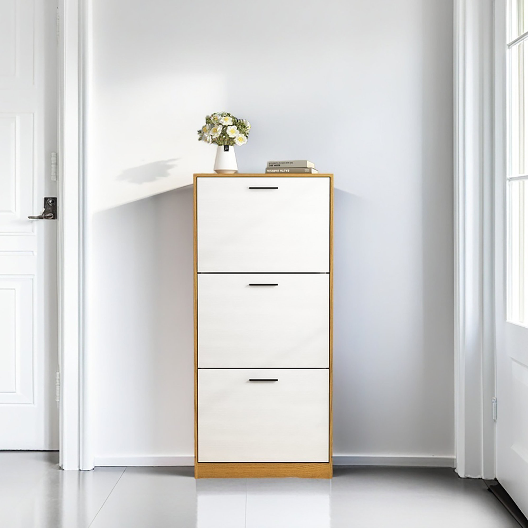 Hokku Designs Shoe Storage Cabinet With 3 White Panel Flip Drawers ...