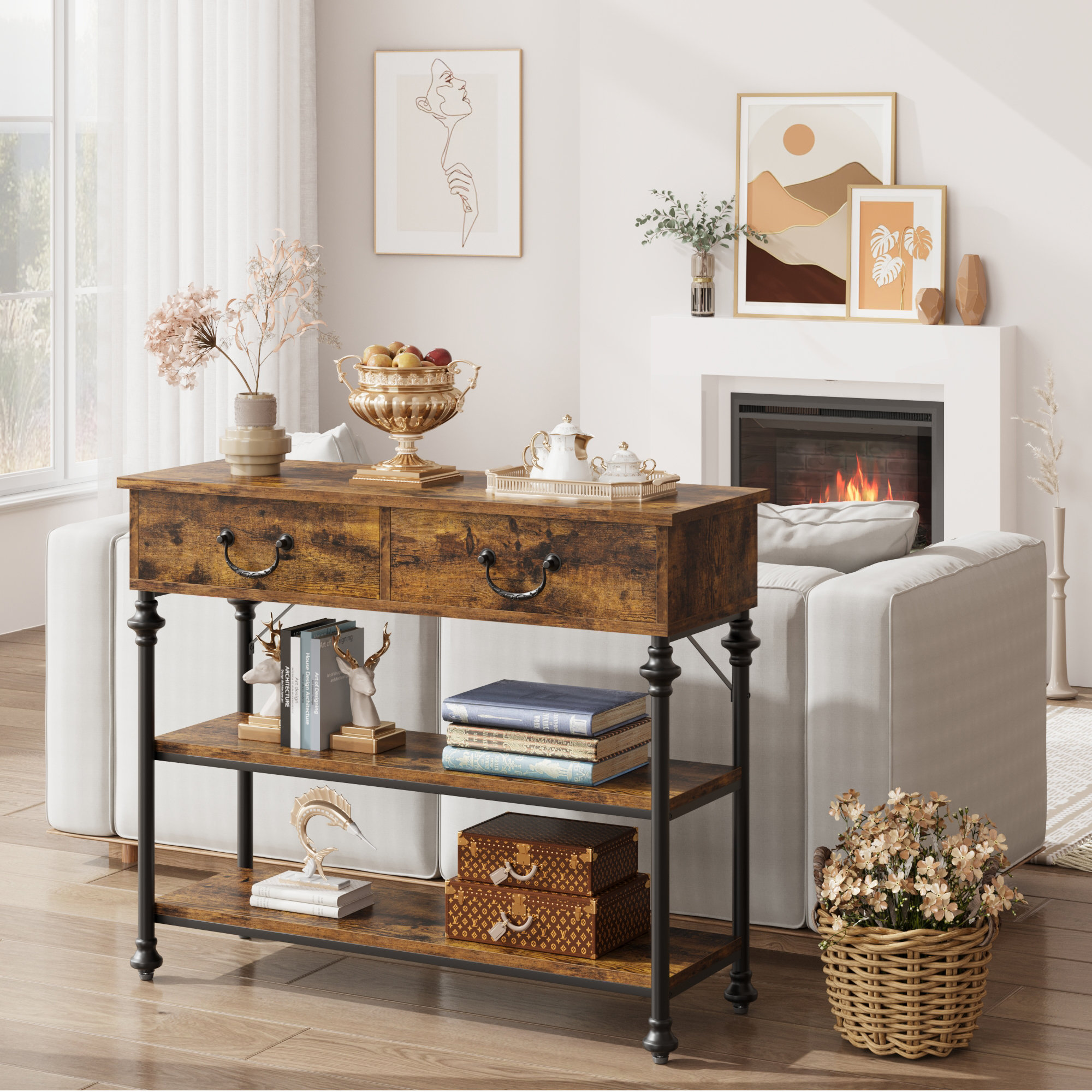 Borough Wharf 43" L Console Table with 2 Drawers and 3 Tier Shelves ...