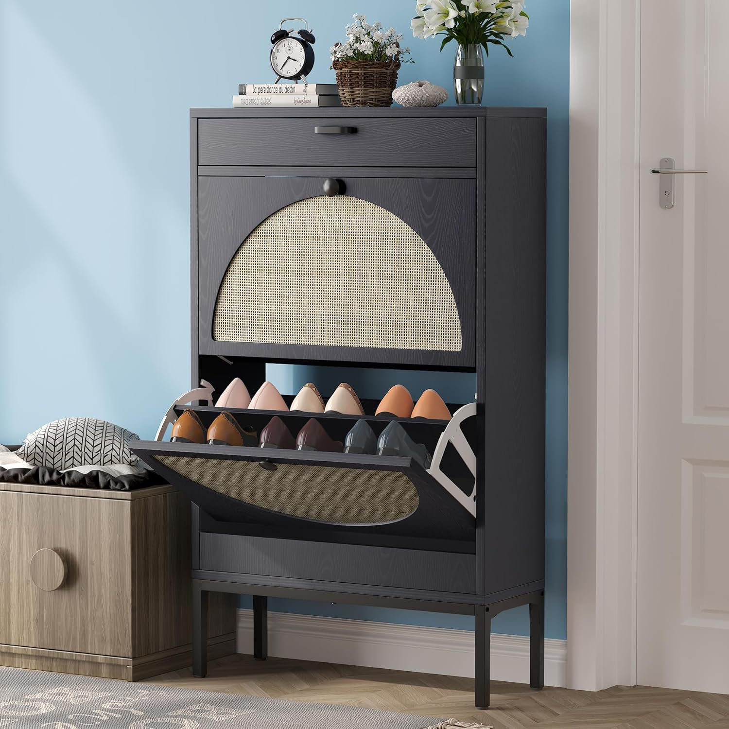 Bayou Breeze Shoe Cabinet With 2 Flip Drawers, Rattan Weave Shoe Rack ...