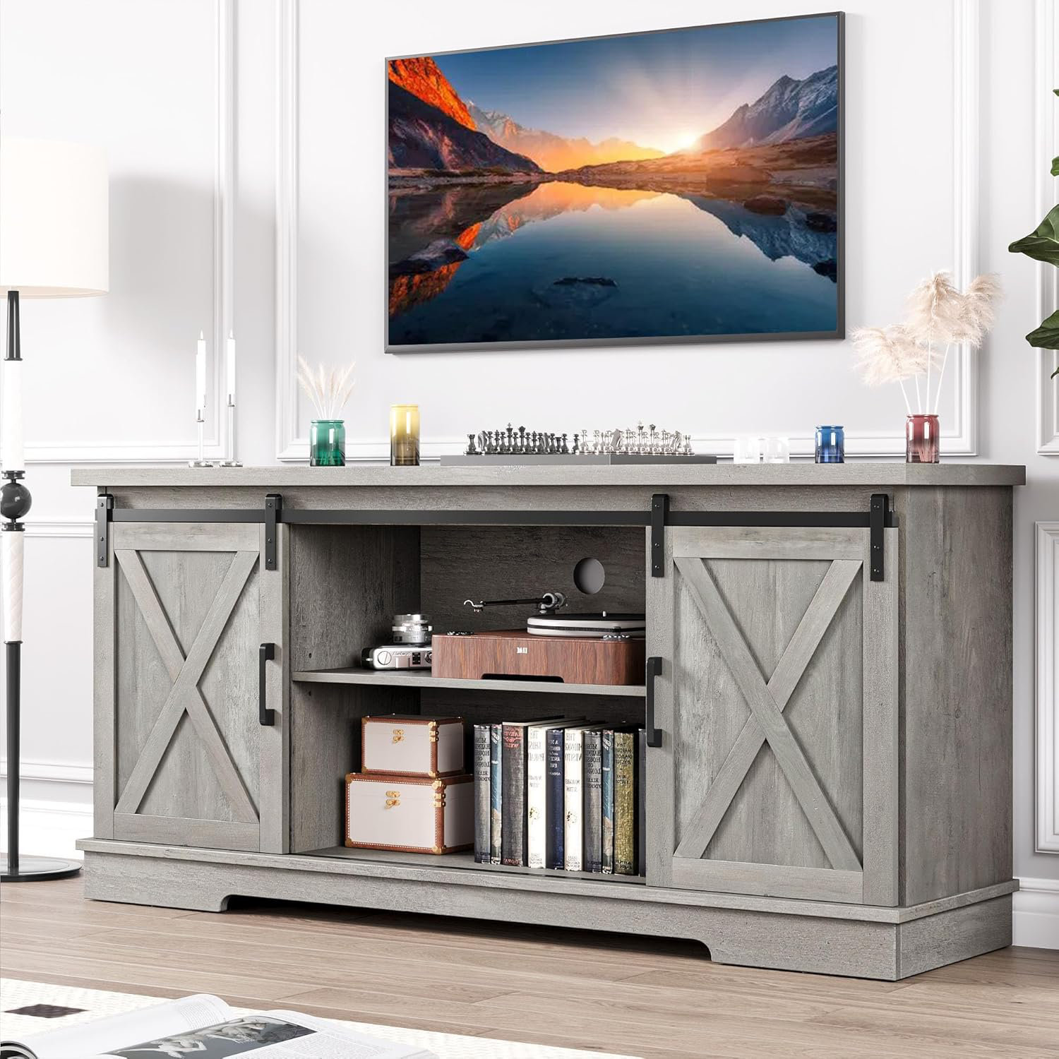 Gracie Oaks TV Stand For 65 Inch TV, Tall TV Stand With Storage, Barn Doors And Shelves, White ...