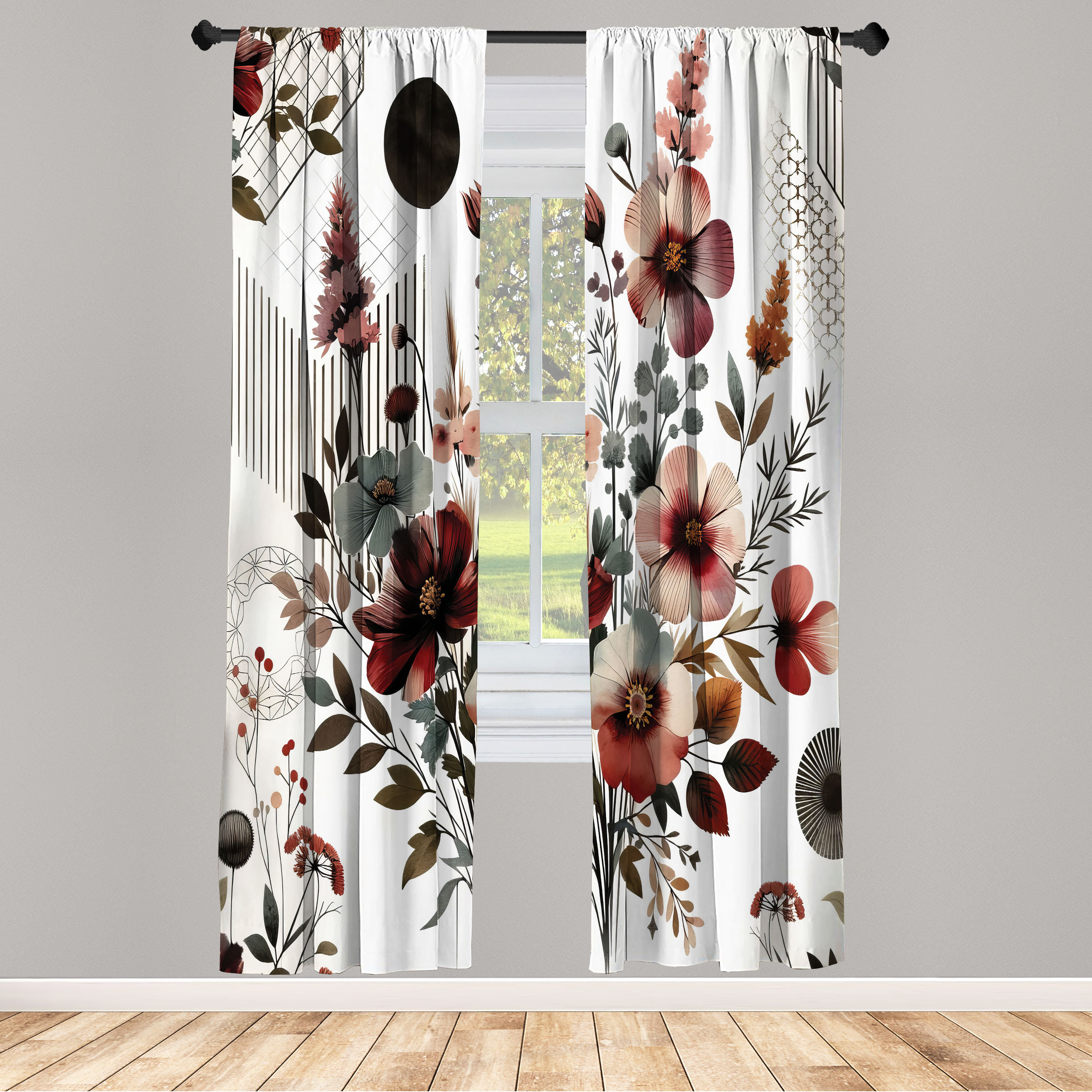 Ambesonne Floral Curtains Mid Century Modern Flowery Pair of Maroon ...