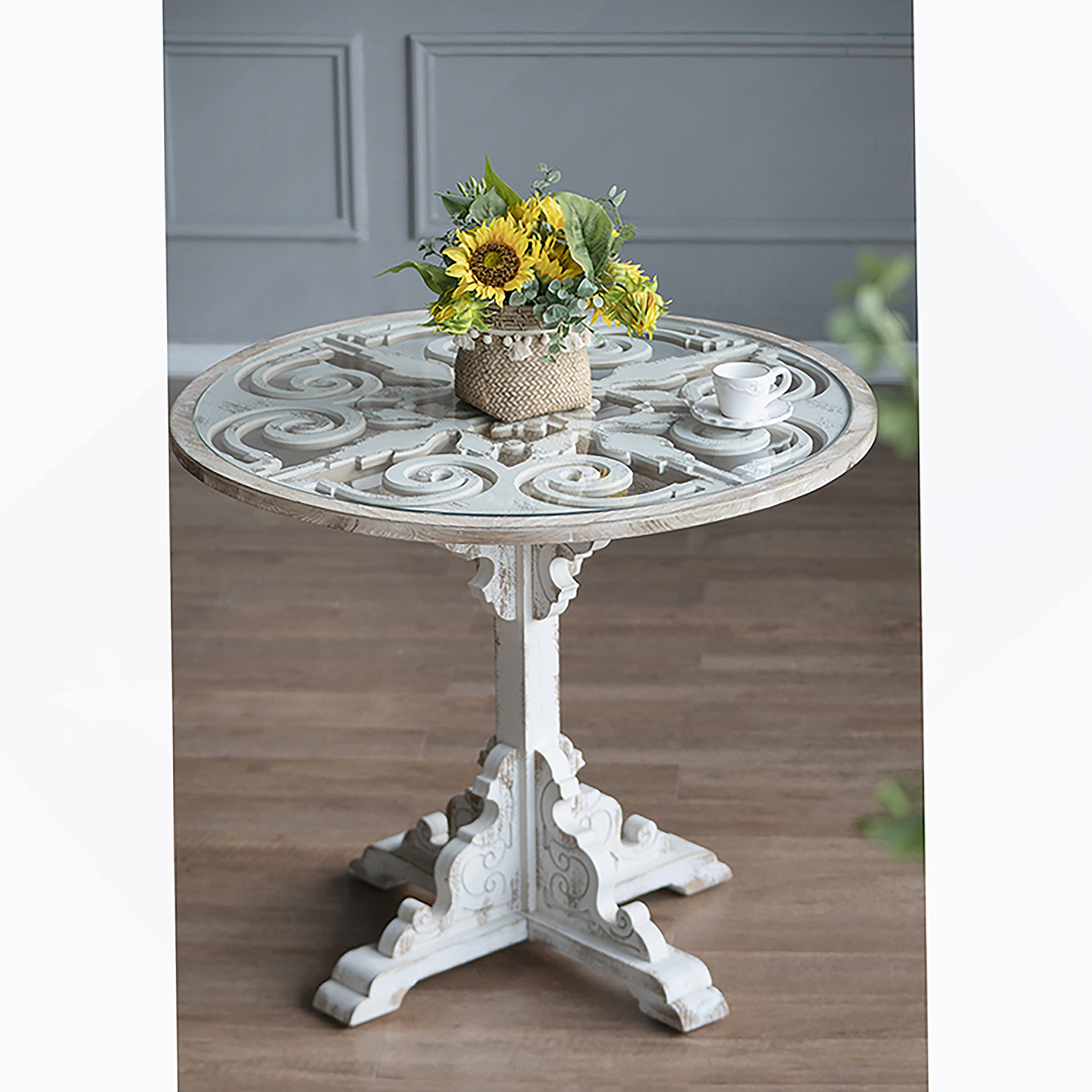 One Allium Way® 24x28.5" Round Wooden Carved Table, Distressed White ...
