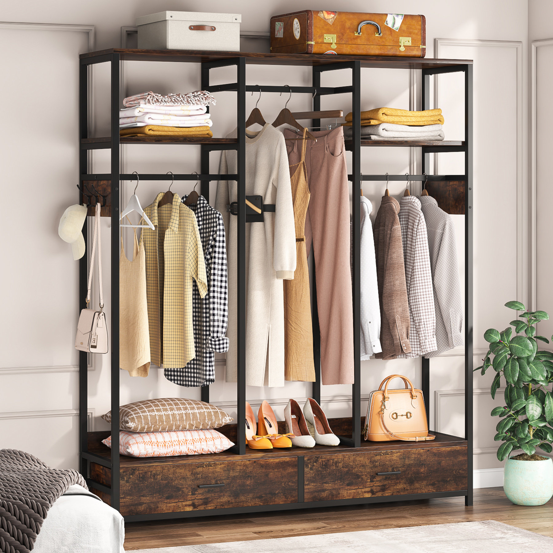 17 Stories 55'' Freestanding Wardrobe Rack with 2 Drawers | Wayfair