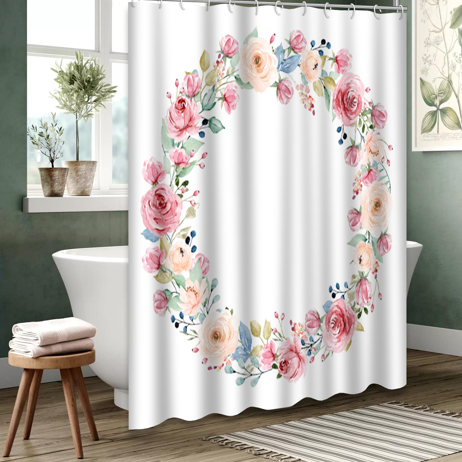 Lark Manor™ White Pink Waterproof Shower Curtain,Wreath Watercolor ...