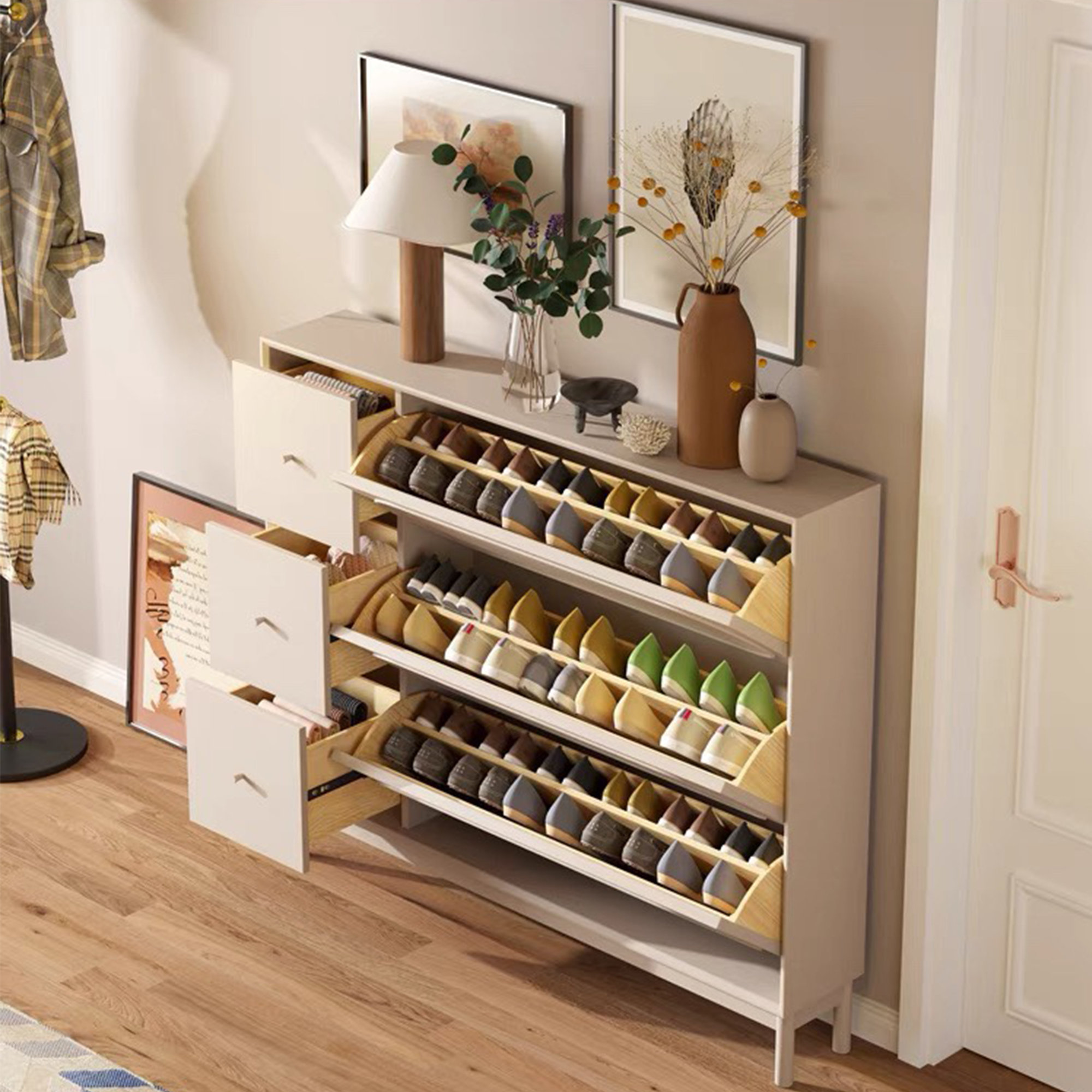 DICIXA White Vintage Style Tilting Shoe Storage Cabinet 30 Pair Shoe ...