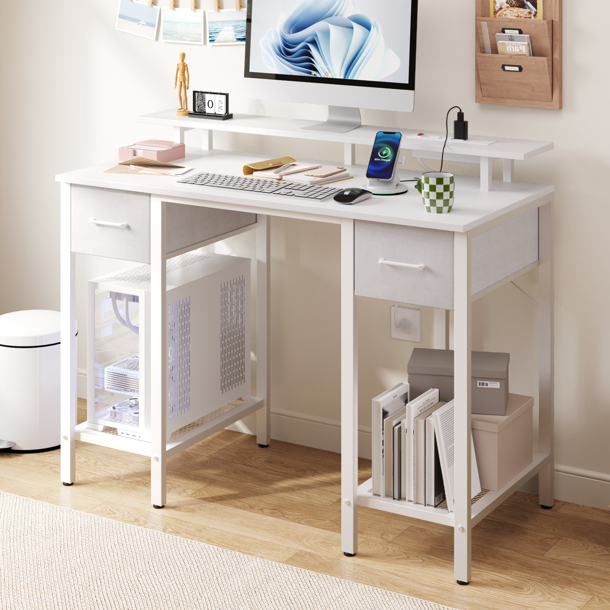 Ebern Designs White Computer Desk With Drawers, 42 Inch Home Office ...