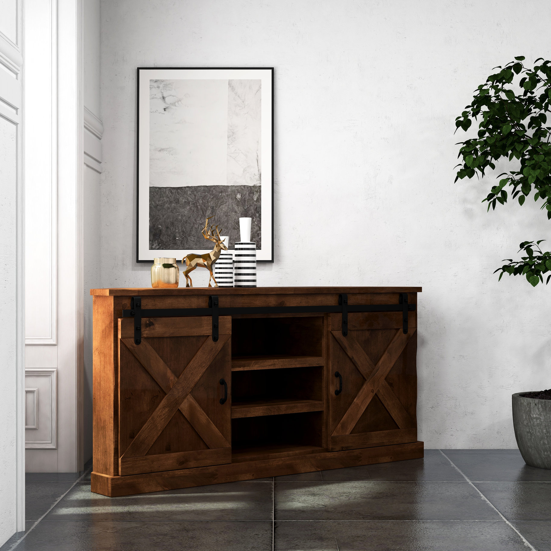 Gracie Oaks 66 Inch Tv Console, Accommodates 80" Tvs, Aged Whiskey ...