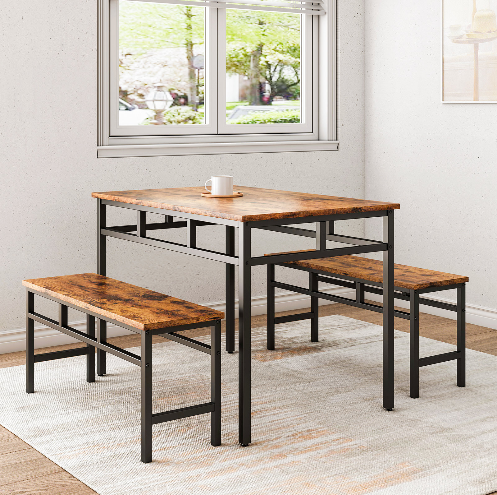 17 Stories Dining Table With 2 Benches For 4-6 People, Rustic Brown ...