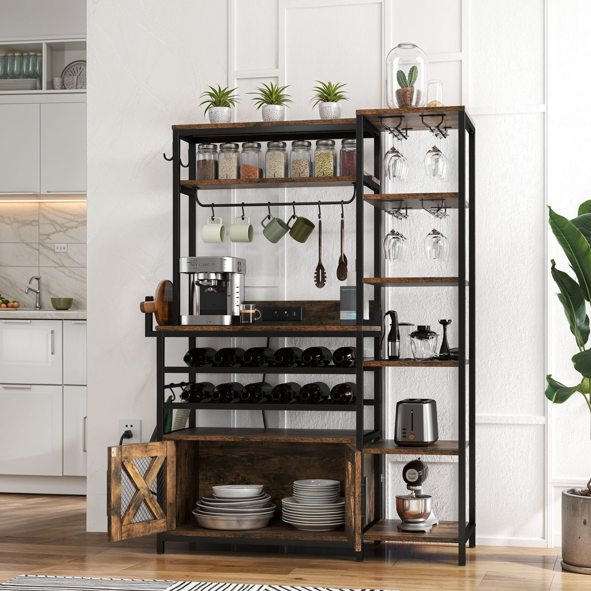 17 Stories Rustic 6-Tier Industrial Wine Rack & Coffee Bar with Power ...
