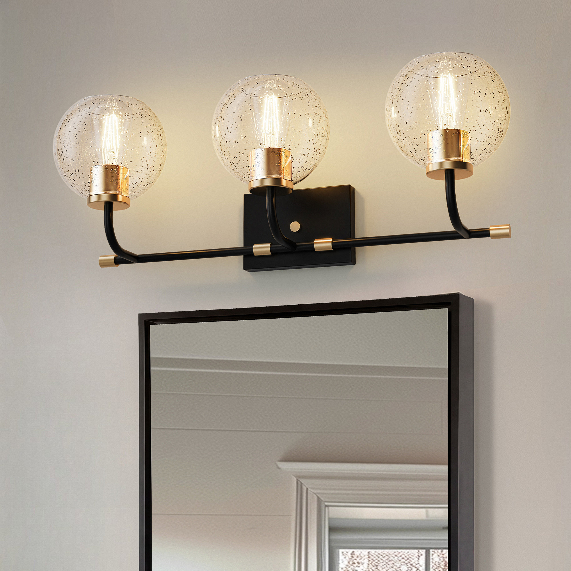 Breakwater Bay Adeliz Modern Black And Gold 3-Light Vanity Fixture With Bubble Glass Shades ...