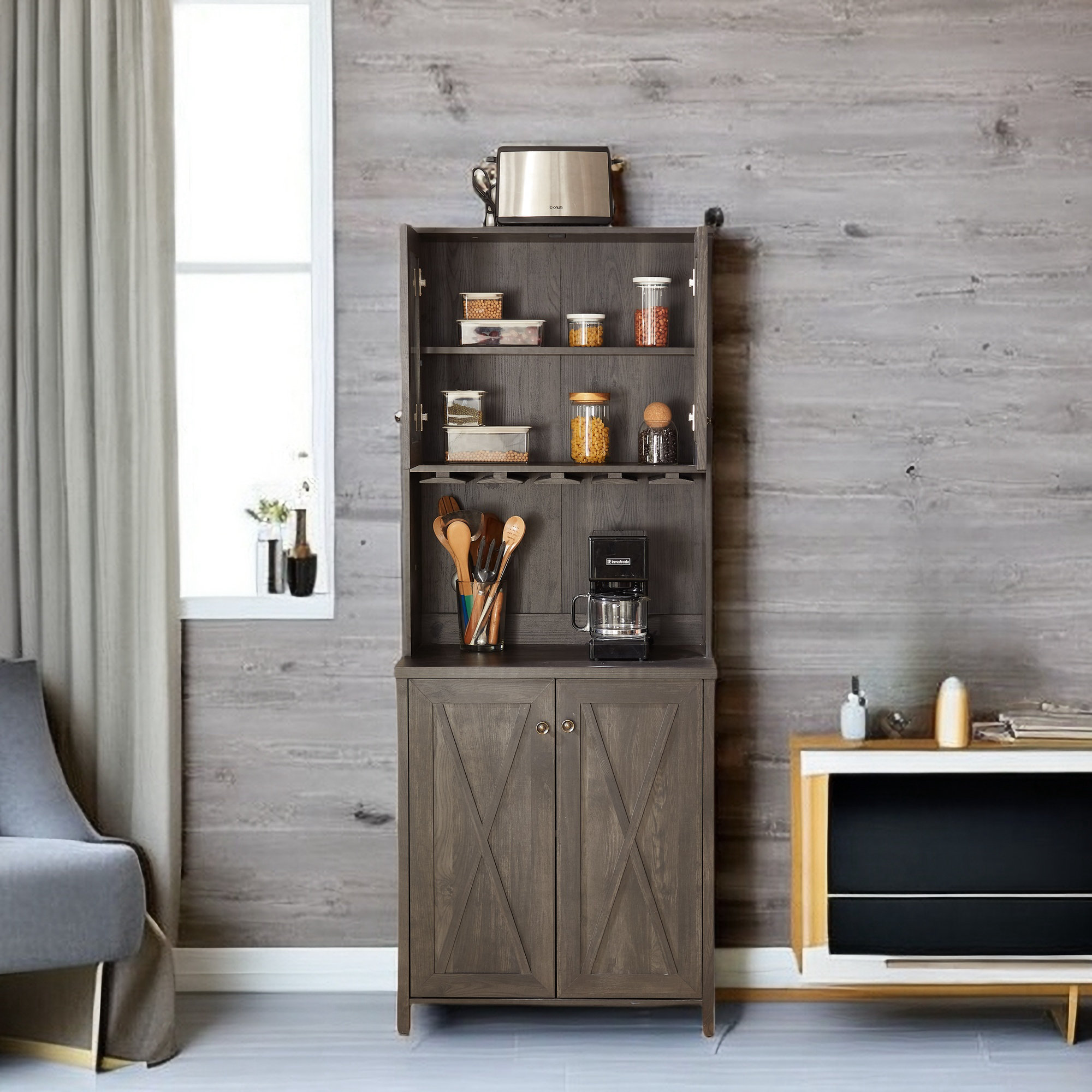 August Grove Mahwah 66" Kitchen Pantry with Microwave Stand and Hollow ...