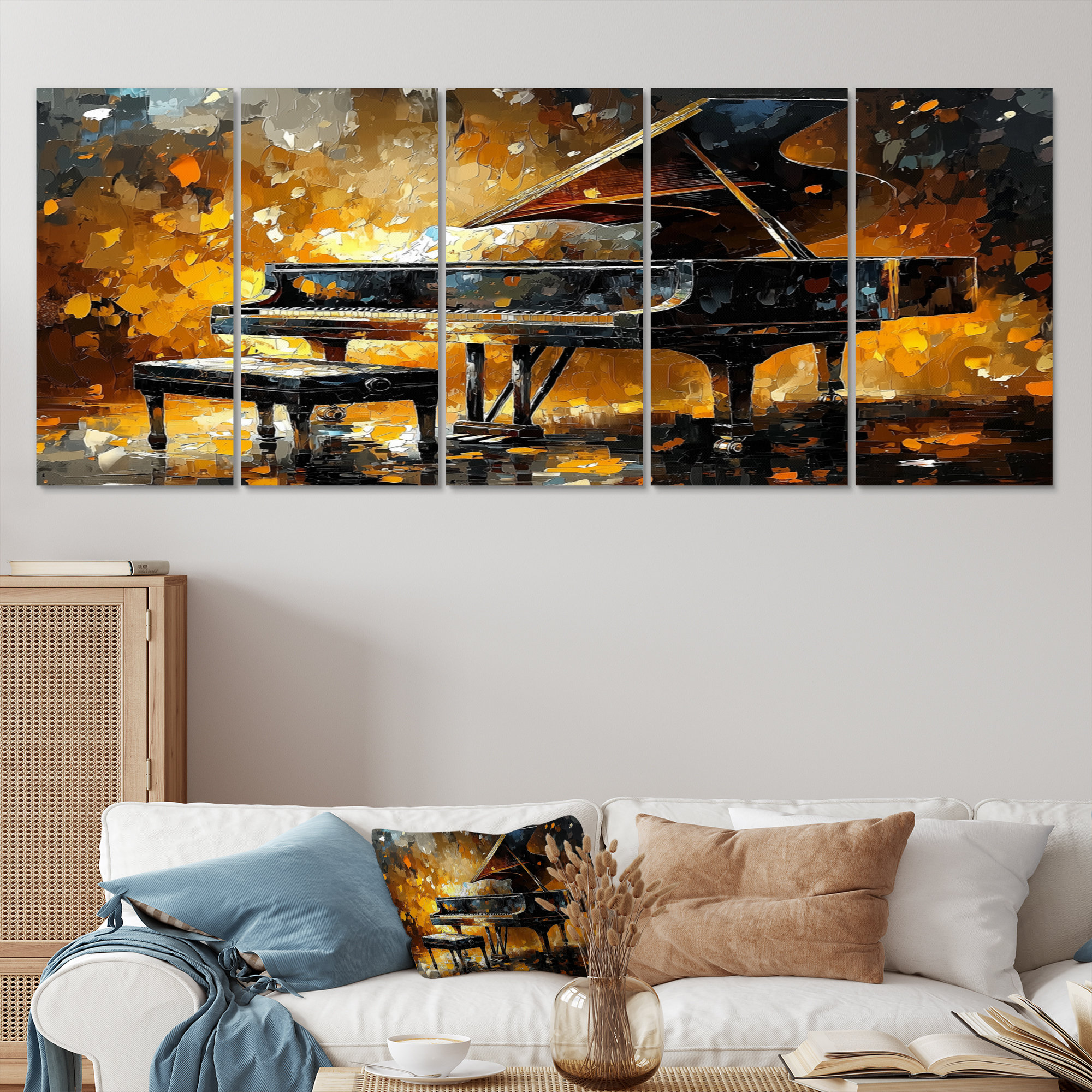 Winston Porter Orange Black Piano On Stage IV - Music Piano Canvas Wall ...