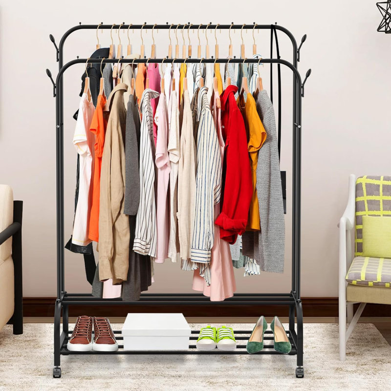 Rebrilliant Double Rods Garment Rack With Wheels Multi-Functional ...