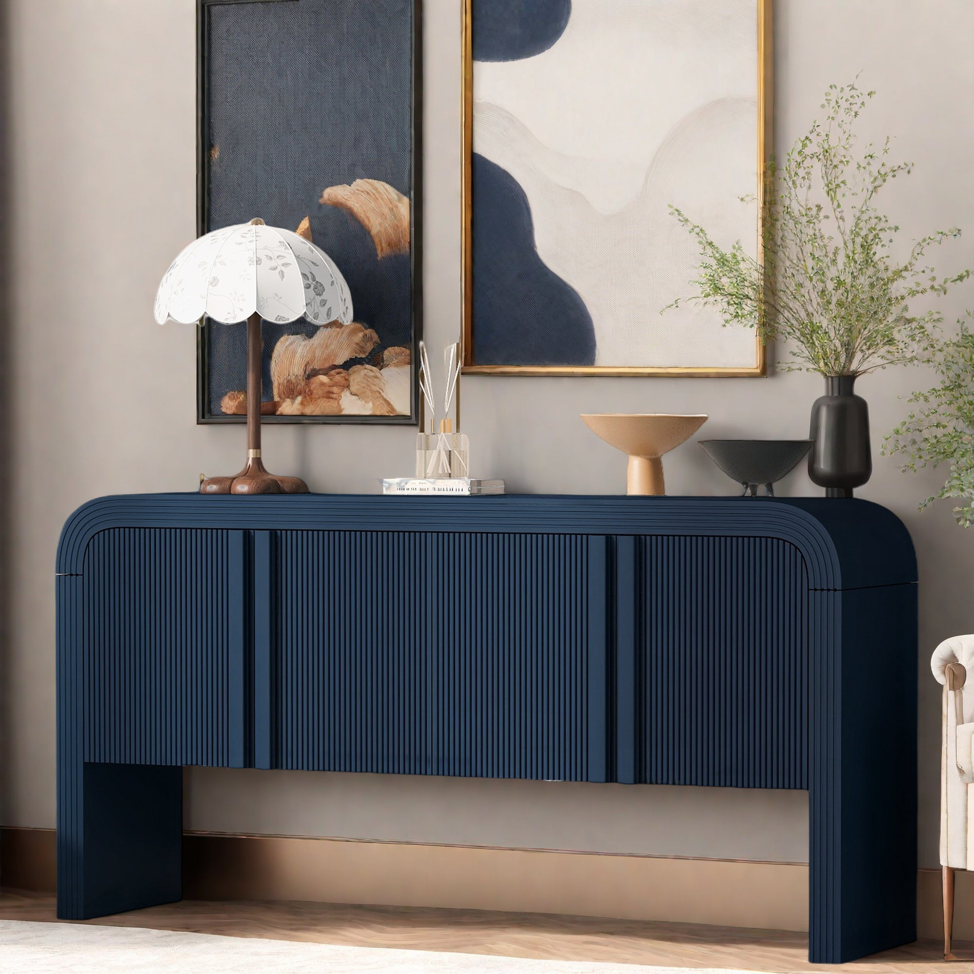 Ebern Designs 4-door Sideboard With Stripe Design, Adjustable Shelves And Curved Edge - Wayfair ...