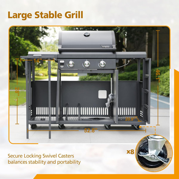 Brand-Man Grills 3 Burner Propane Gas Grill, 30,000 BTU Barbecue Grill ...