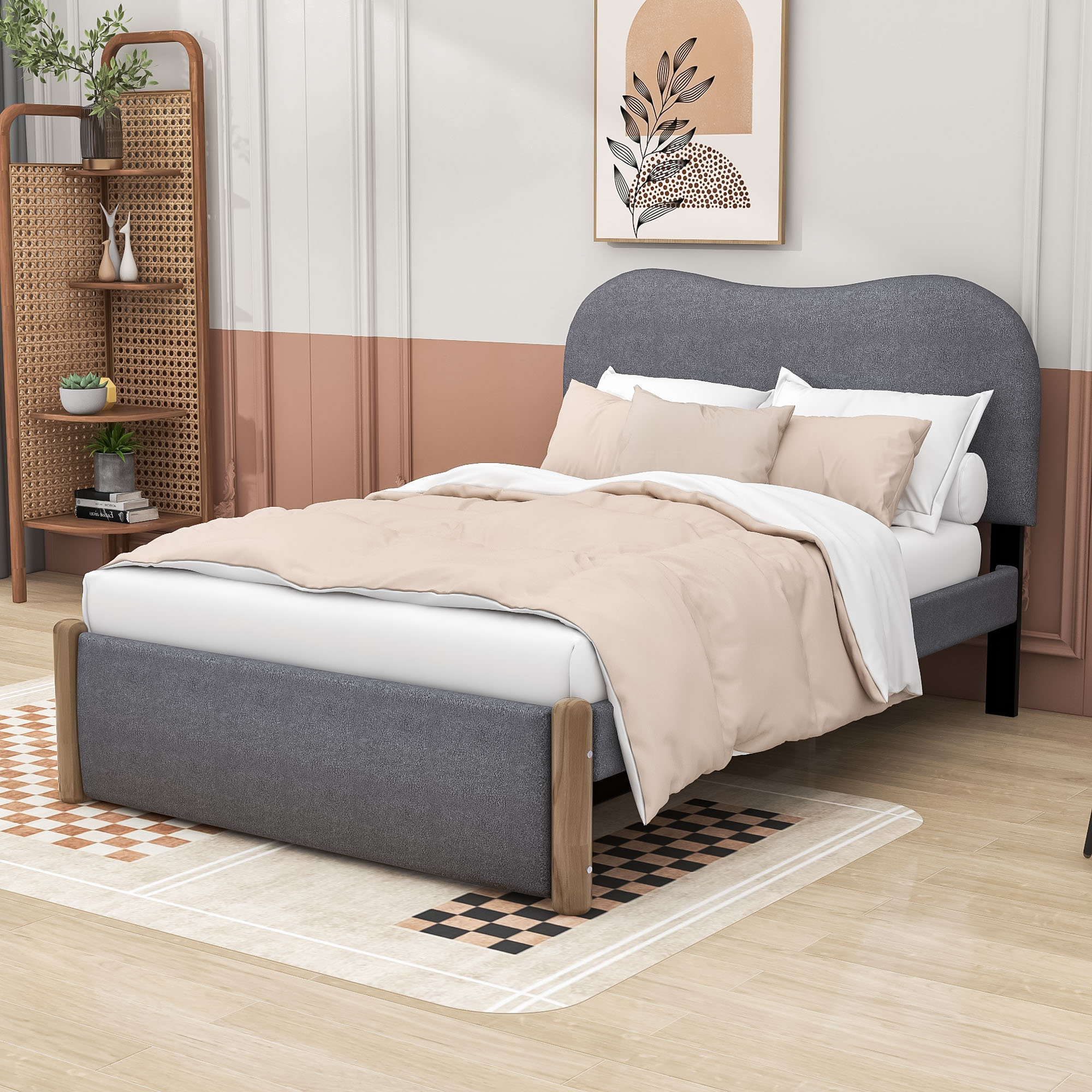 Latitude Run® Jasonn Full Wood Upholstered Platform Bed with Headboard ...