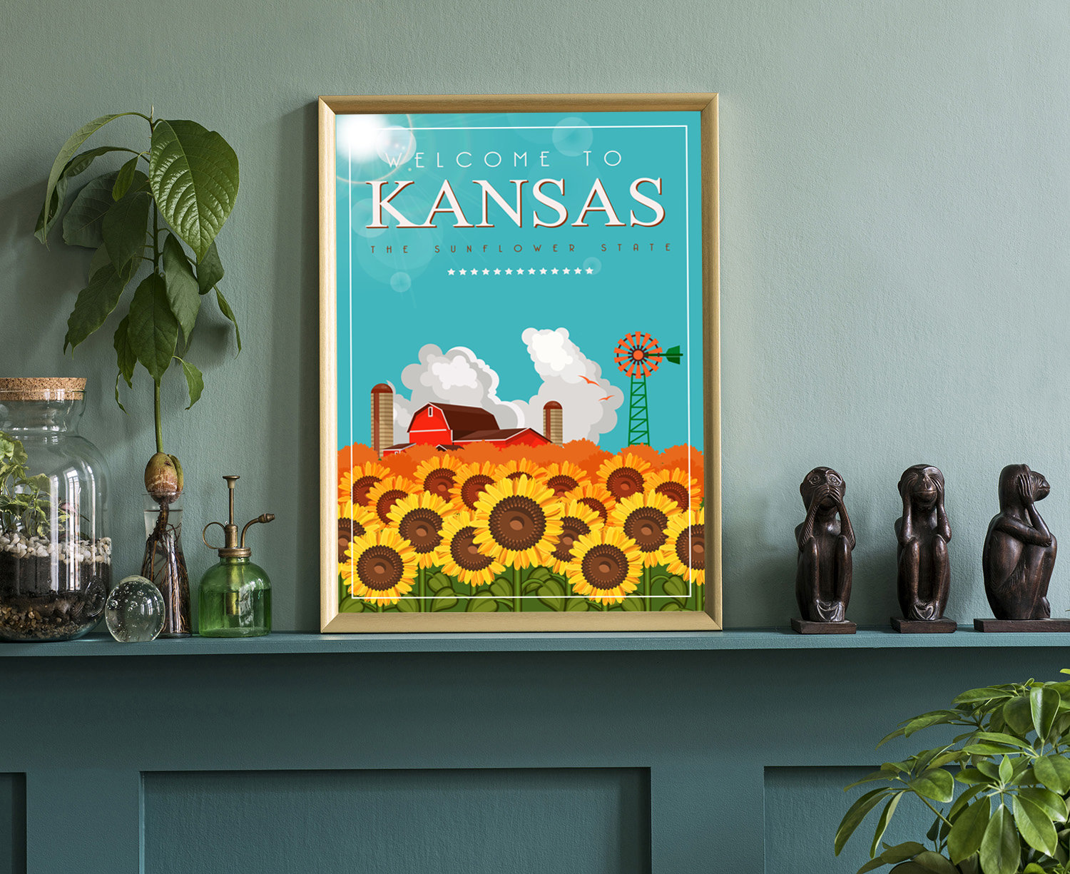 Trinx Kansas Retro Style State Travel Poster, Vintage Unframed Print ...