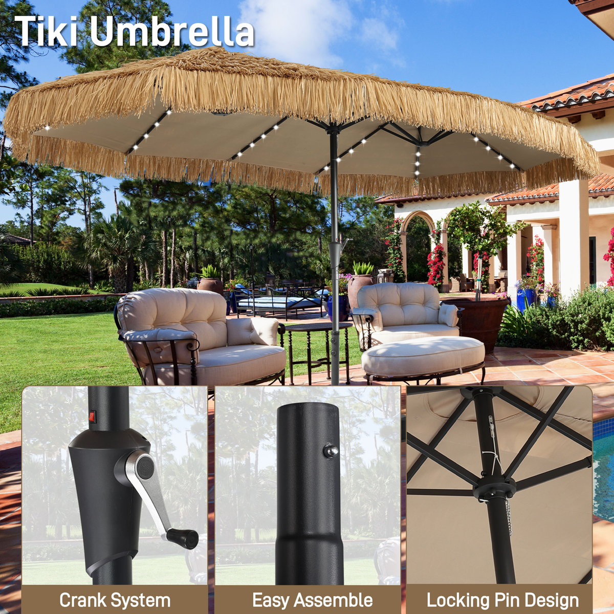 Arlmont & Co. 15FT Thatch Umbrella Tiki Bench umbrella With Base&Solar ...