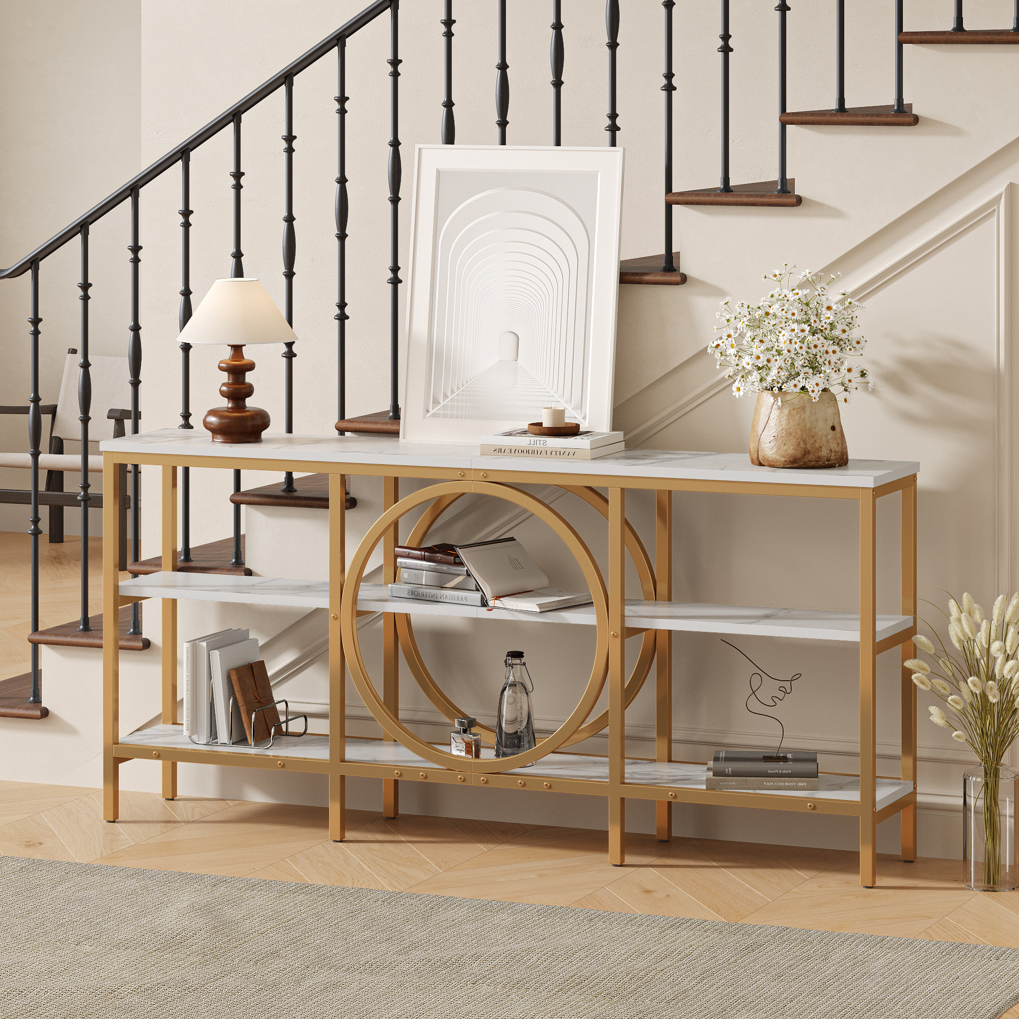 Mercer41 Industrial 66" Long Console Table,Narrow 3-Tier Sofa Table ...