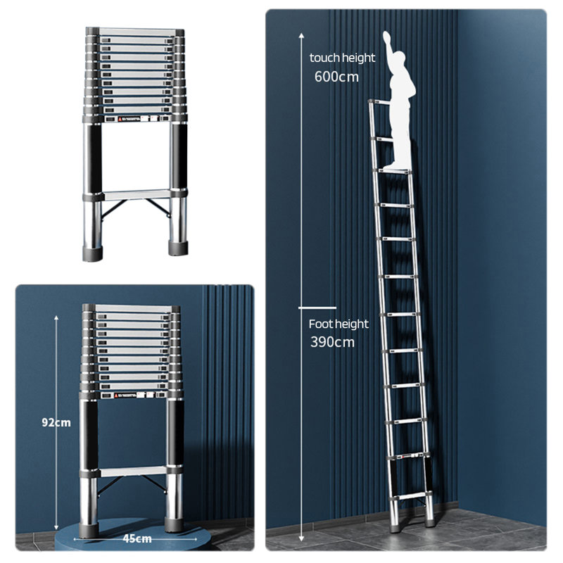 17 Stories Telescoping Extension Ladder, Stainless Steel Folding ...