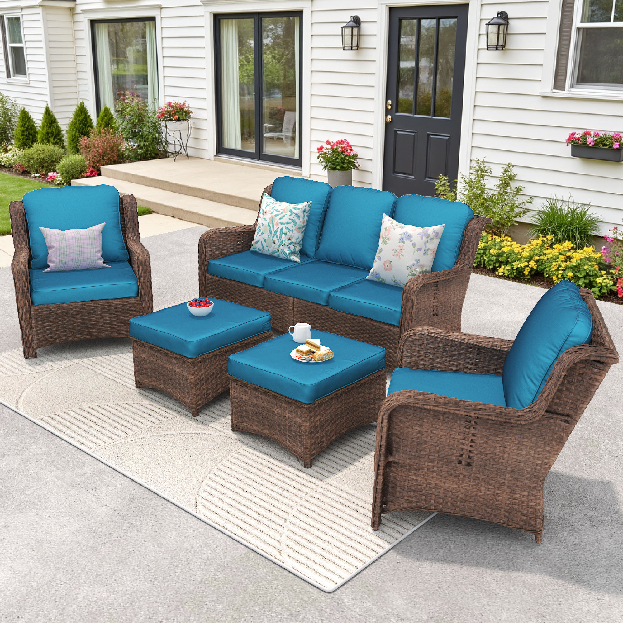 Lark Manor™ 5-Piece Outdoor Wicker Sofa Set with All-Weather Waterproof ...