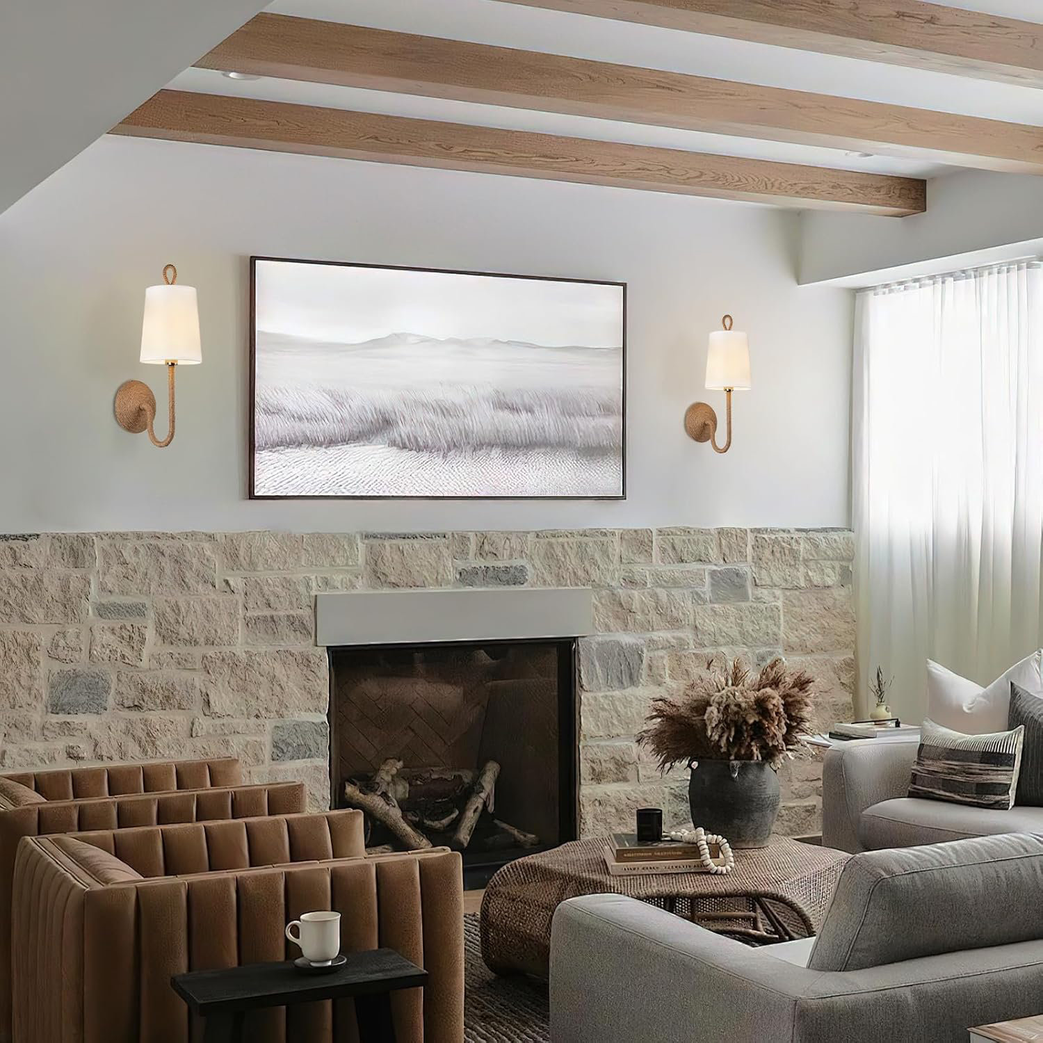 Bay Isle Home™ Natural Rattan Wall Sconce Set of 2 Boho Coastal Rope ...