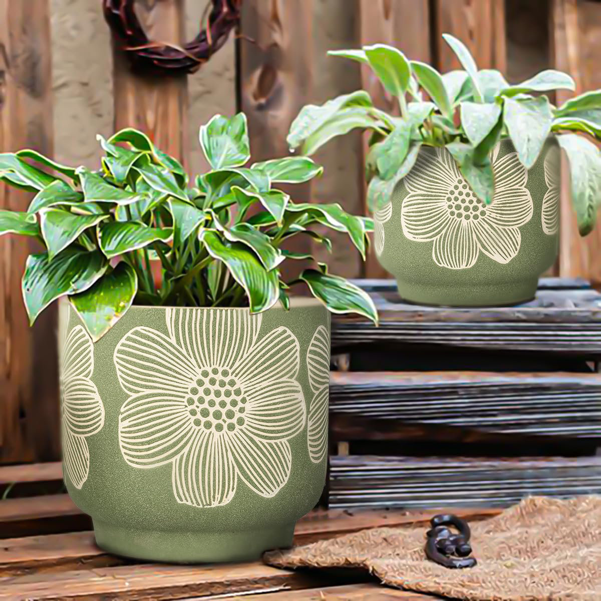 Lark Manor 8 Inch + 6 Inch White Flower Pattern Plant Pots, Sand Glazed ...