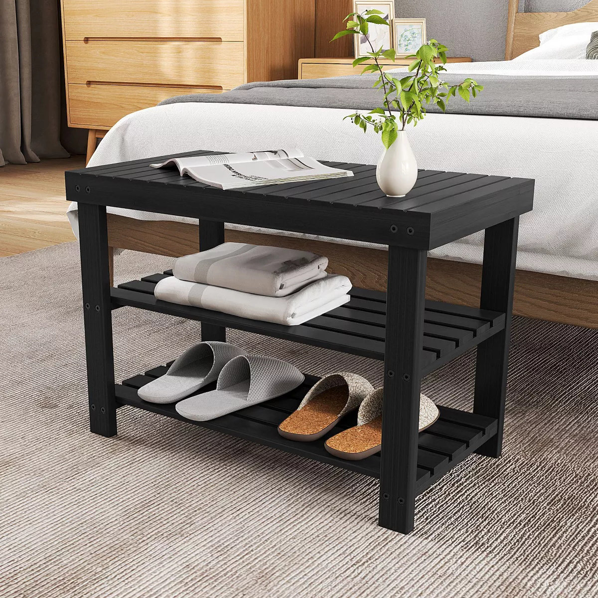 Winston Porter Shoe Rack Bench, 3-Tier Bamboo Entryway Storage ...