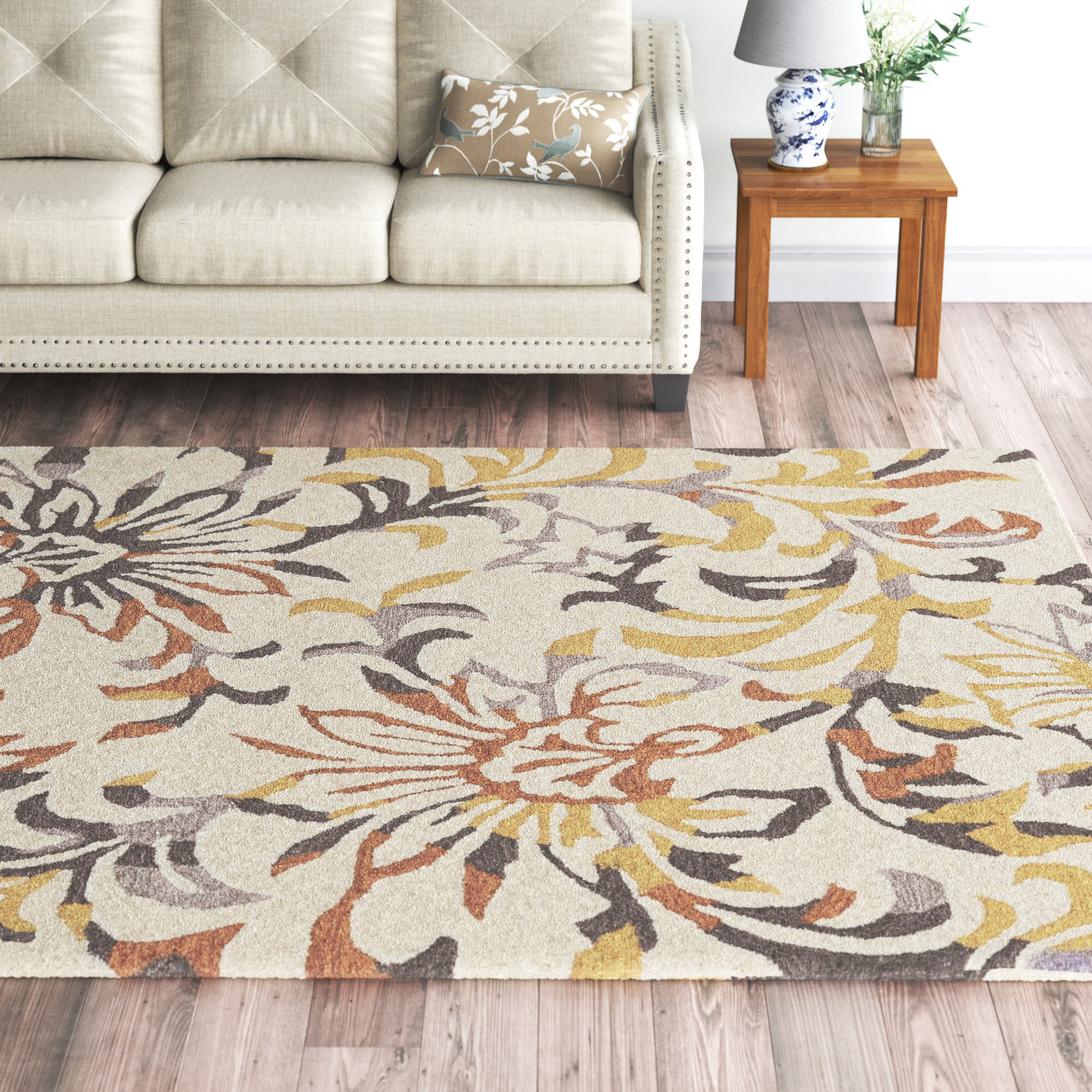 Winston Porter Marisela Floral Handmade Tufted Ivory/Gold Area Rug ...