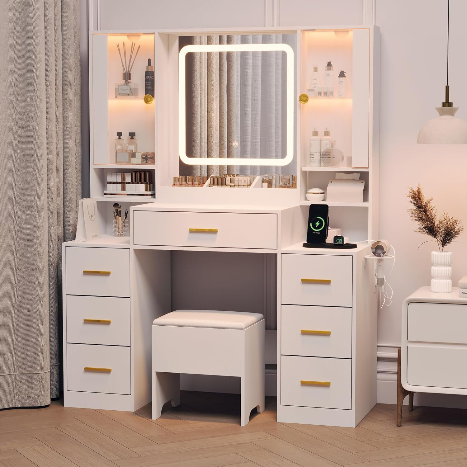 Orren Ellis Makeup Vanity with LED Light Strip Mirror and Chair ...