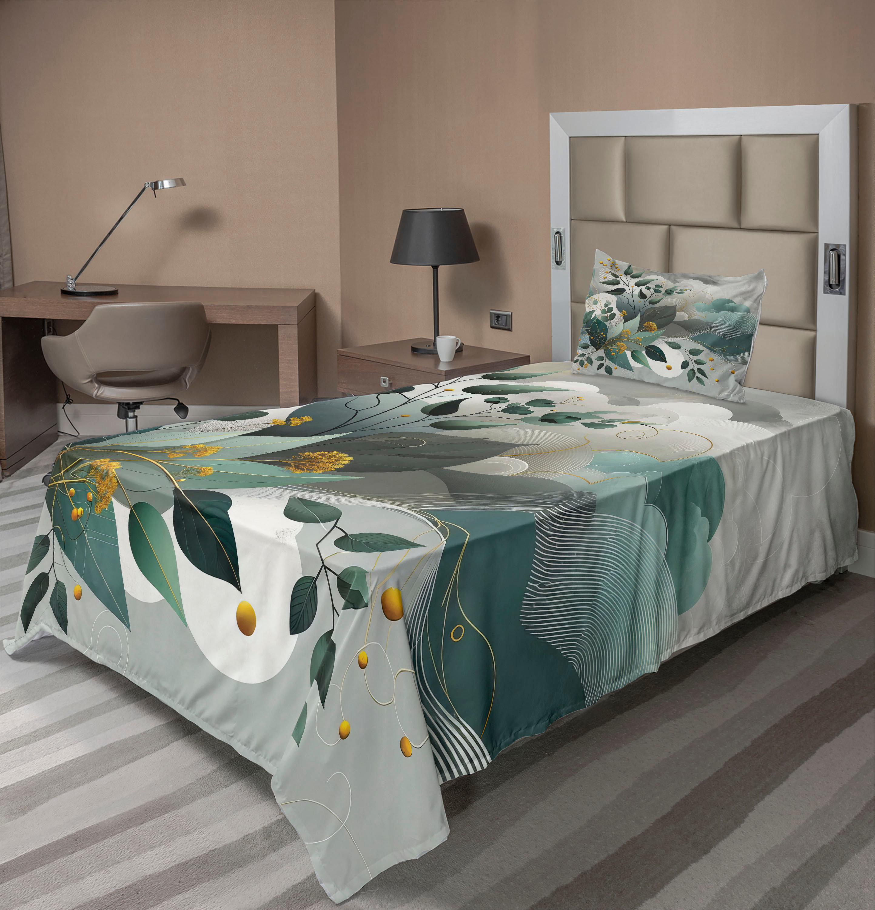 Ambesonne Eucalyptus Leaves Sheet Set Waves and Leafs Dark Sea Green ...